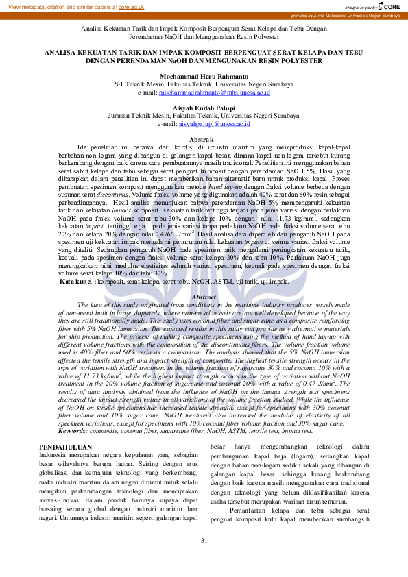 (PDF) ANALISA KEKAUATAN TARIK DAN IMPAK KOMPOSIT BERPENGUAT SERAT KELAPA DAN TEBU DENGAN ...