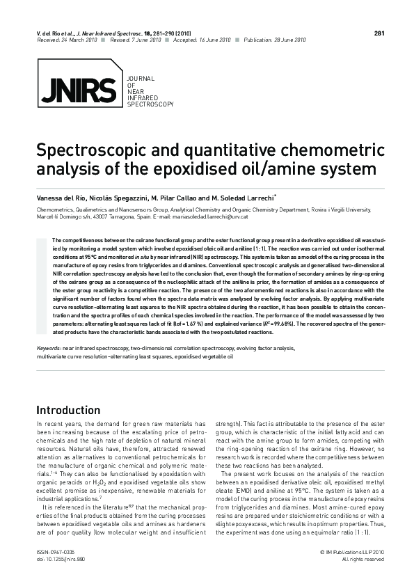 (PDF) Spectroscopic and quantitative chemometric analysis of the epoxidised oil/amine system