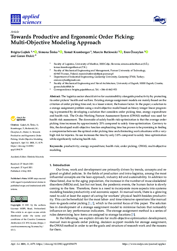 Pdf Towards Productive And Ergonomic Order Picking Multi Objective Modeling Approach Tomaž