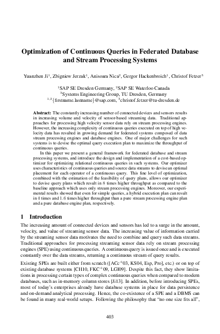 (PDF) Optimization of Continuous Queries in Federated Database and Stream Processing Systems