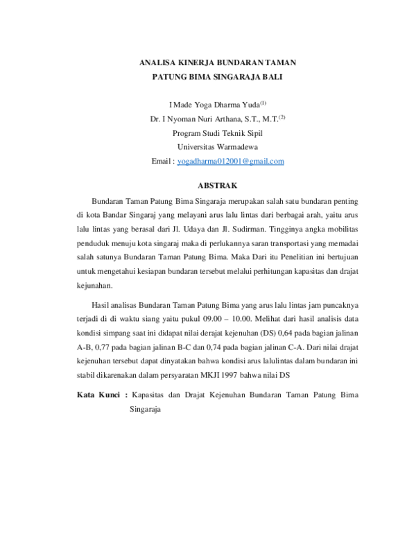 (PDF) ANALISA KINERJA BUNDARAN TAMAN PATUNG BIMA SINGARAJA BALI