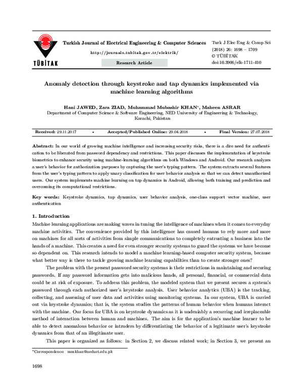 (PDF) Anomaly detection through keystroke and tap dynamics implemented via machine learning ...