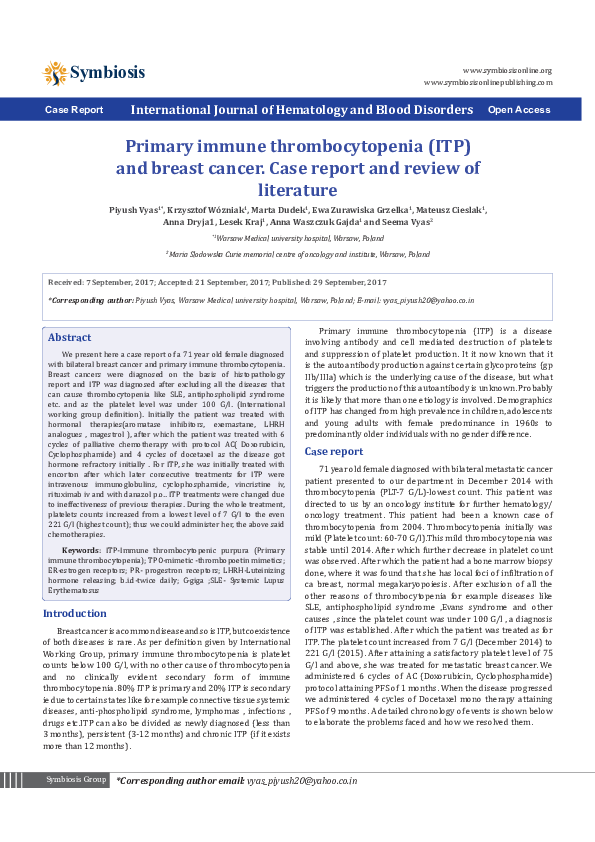 (PDF) Primary immune thrombocytopenia (ITP) and breast cancer. Case ...