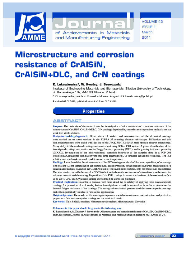 (PDF) Microstructure and corrosion resistance of CrAlSiN, CrAlSiN+DLC ...