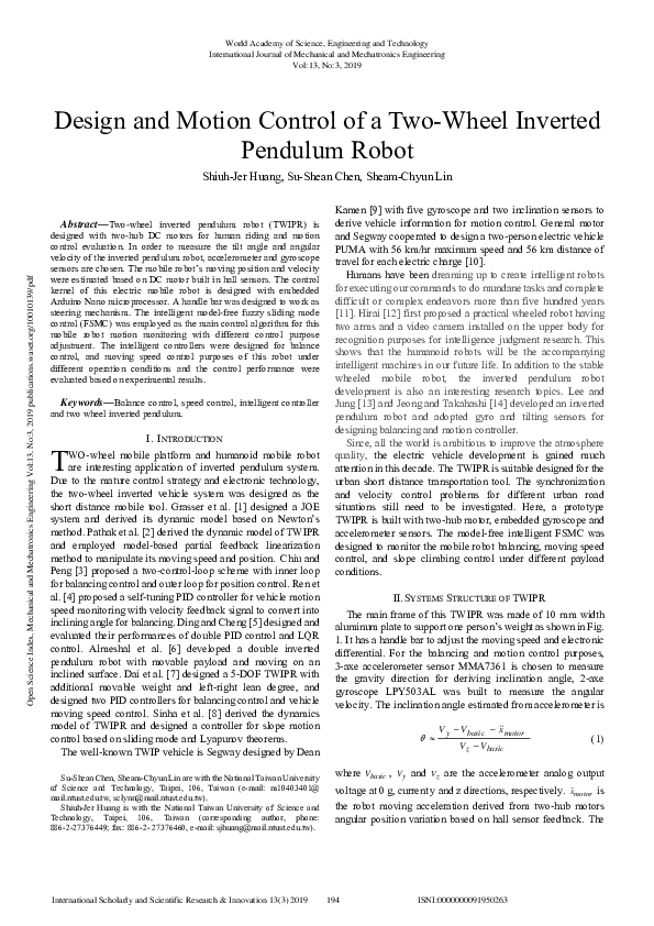 (PDF) Design and Motion Control of a Two-Wheel Inverted Pendulum Robot
