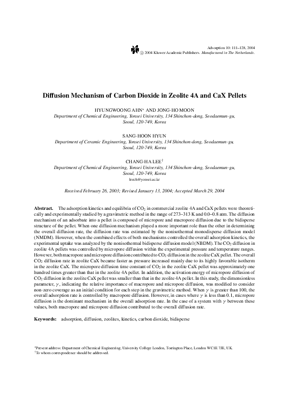 (PDF) Diffusion Mechanism of Carbon Dioxide in Zeolite 4A and CaX Pellets