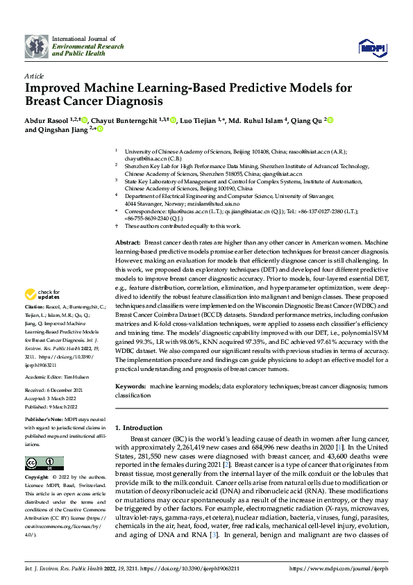 Pdf Improved Machine Learning Based Predictive Models For Breast 0209