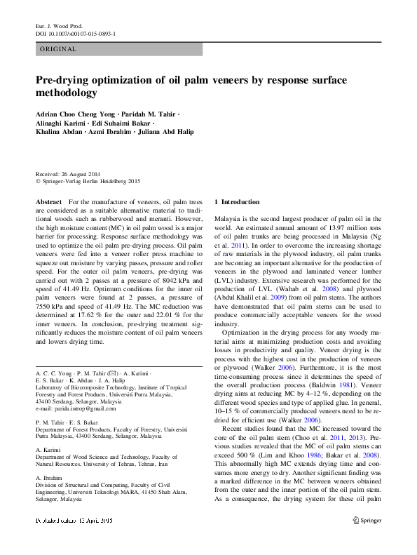 (PDF) Pre-drying optimization of oil palm veneers by response surface ...