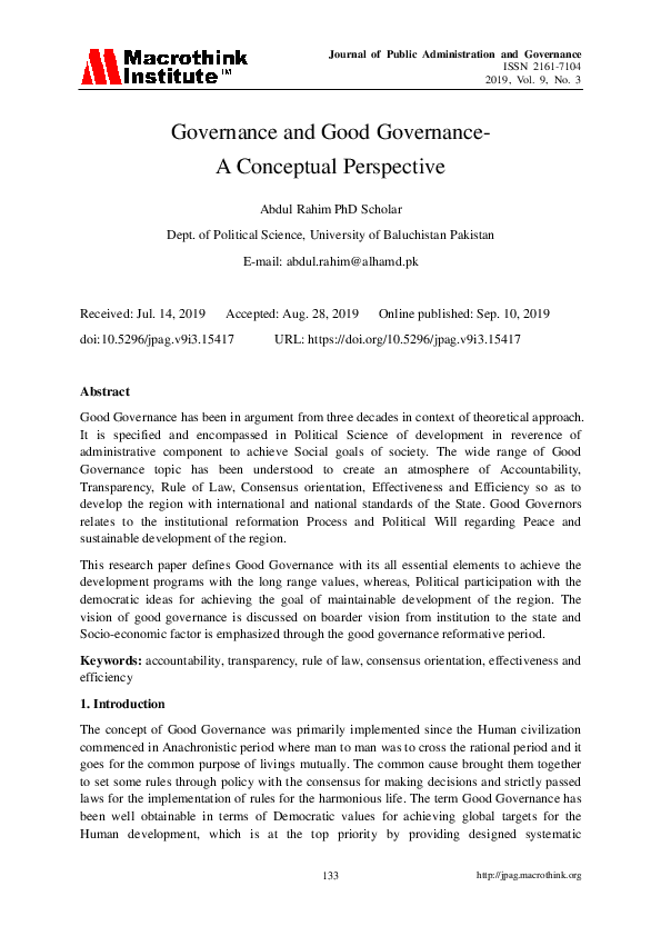 (PDF) Governance and Good Governance-A Conceptual Perspective