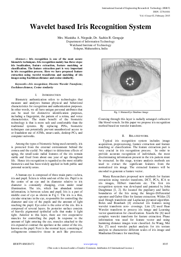 Pdf Wavelet Based Iris Recognition System