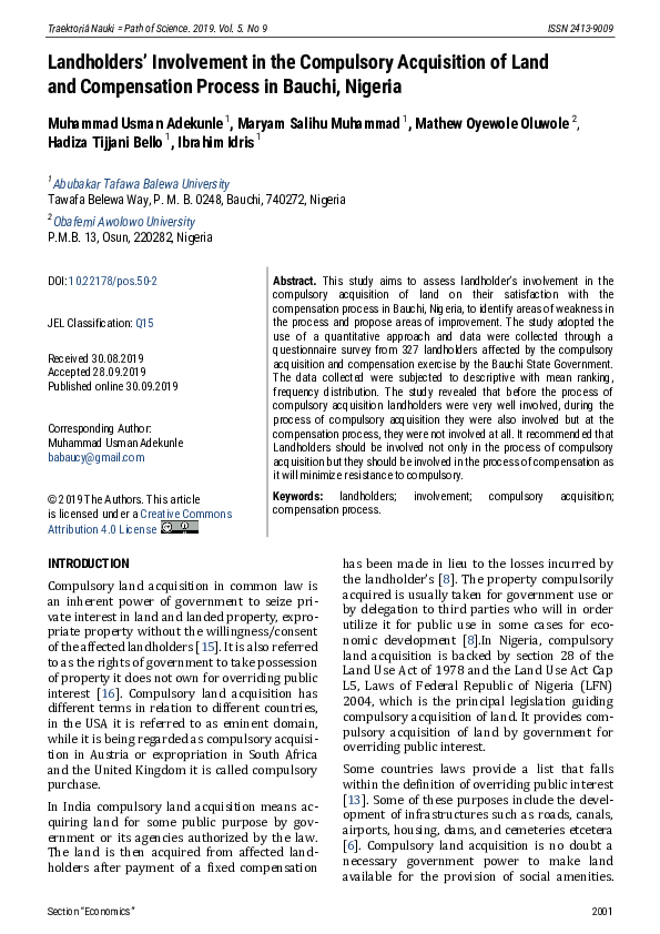 (PDF) Landholders’ Involvement in the Compulsory Acquisition of Land ...