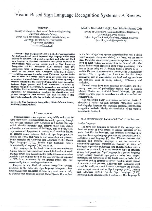 (PDF) Vision-Based Sign Language Recognition Systems : A Review