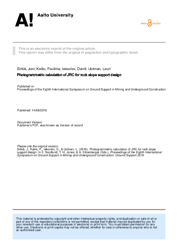 (PDF) Photogrammetric calculation of JRC for rock slope support design