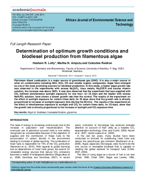 (PDF) Determination of optimum growth conditions and biodiesel ...