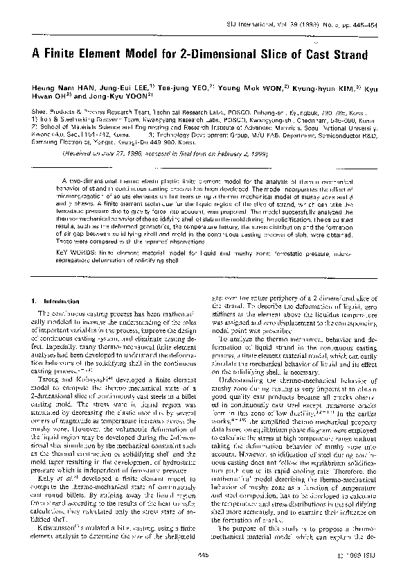 (PDF) A Finite Element Model for 2-Dimensional Slice of Cast Strand