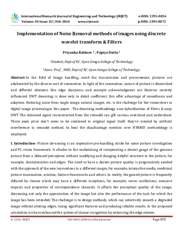 Pdf Implementation Of Noise Removal Methods Of Images Using Discrete