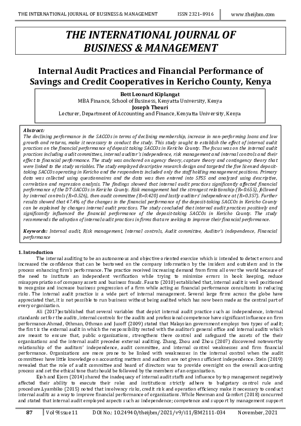 (PDF) Internal Audit Practices and Financial Performance of Savings and ...
