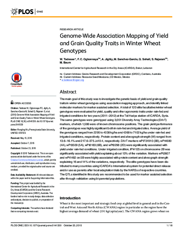 (PDF) Genome-Wide Association Mapping of Yield and Grain Quality Traits in Winter Wheat Genotypes