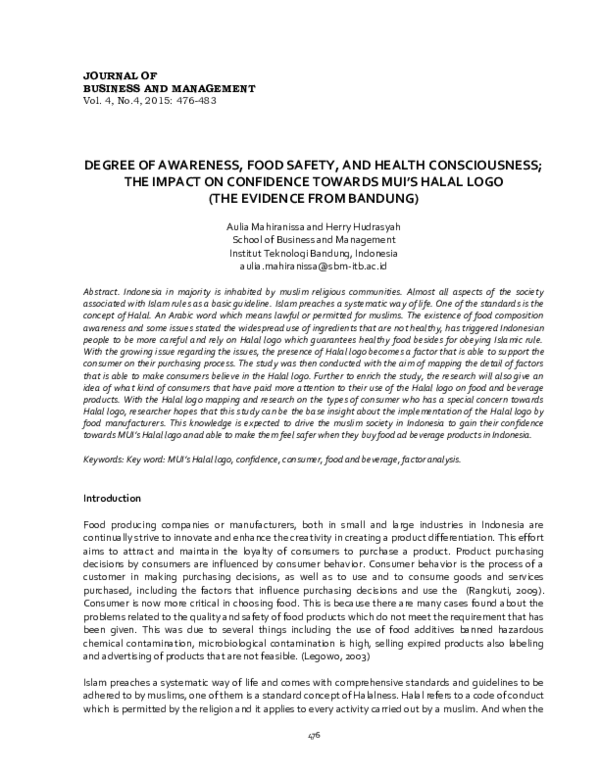 (PDF) Degree of Awareness and Food Safety and Health Consciousness; The ...