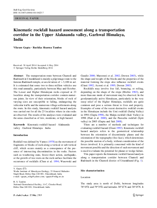 (PDF) Kinematic rockfall hazard assessment along a transportation corridor in the Upper ...