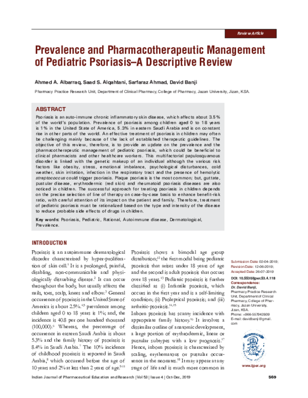 (PDF) Prevalence and Pharmacotherapeutic Management of Pediatric Psoriasis–A Descriptive Review
