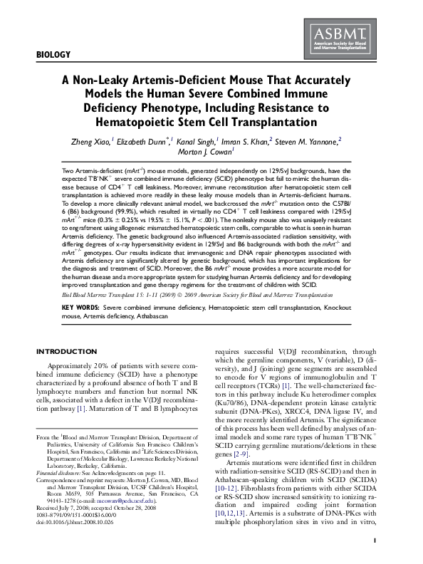 (PDF) A Non-Leaky Artemis-Deficient Mouse That Accurately Models the ...