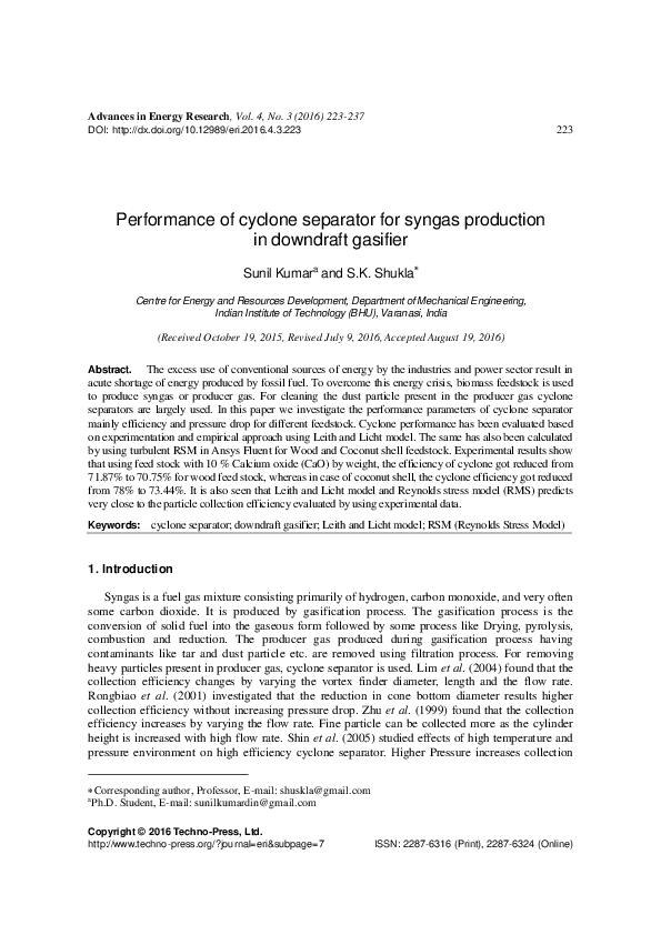 (PDF) Performance of cyclone separator for syngas production in ...