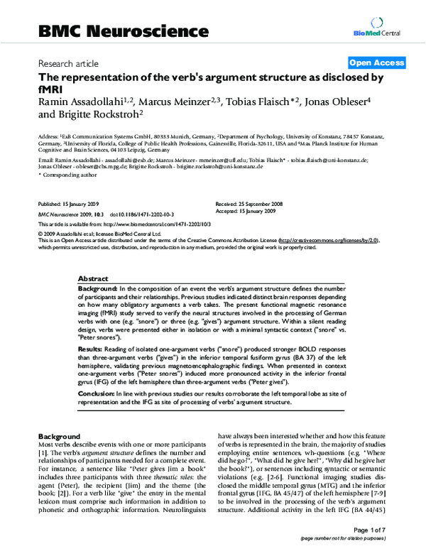 (PDF) The representation of the verb's argument structure as disclosed by fMRI
