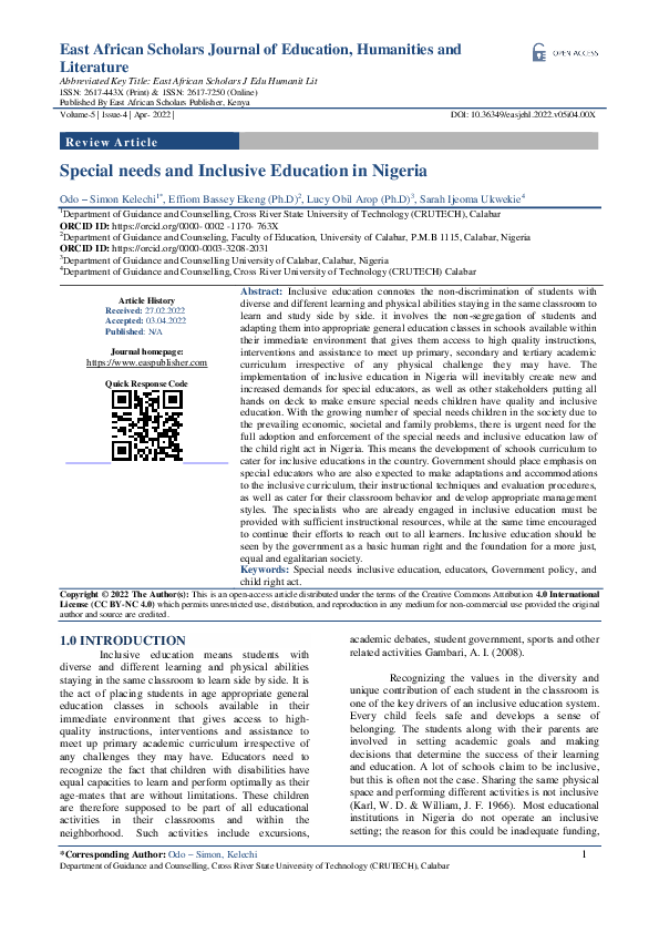 (PDF) Special needs and Inclusive Education in Nigeria
