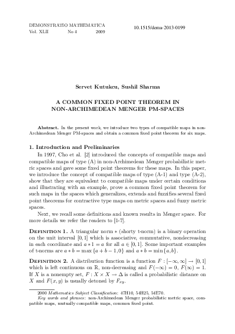 Pdf A Common Fixed Point Theorem In Non Archimedean Menger Pm Spaces
