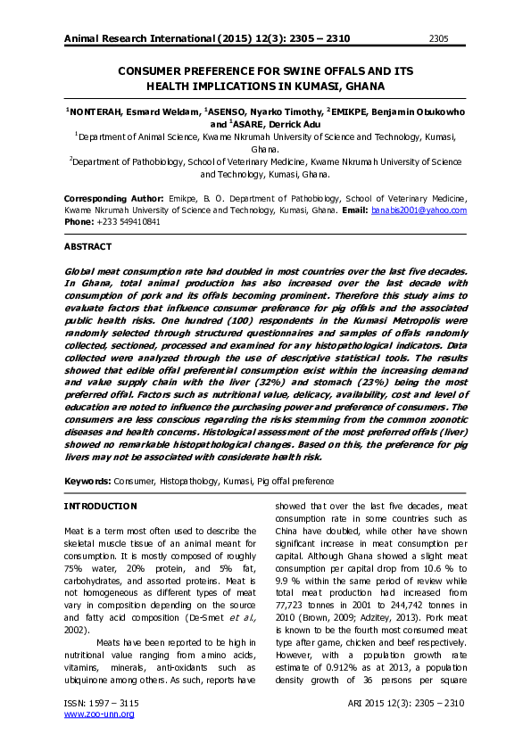 (PDF) Consumer Preference for Swine Offals and Its Health Implications ...