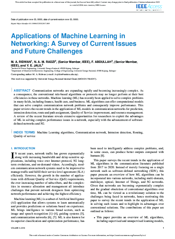 (PDF) Applications of Machine Learning in Networking: A Survey of Current Issues and Future ...