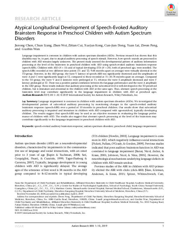 (PDF) Atypical longitudinal development of speech‐evoked auditory ...