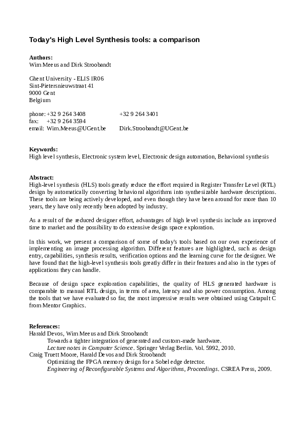 (PDF) Today's high level synthesis tools: a comparison