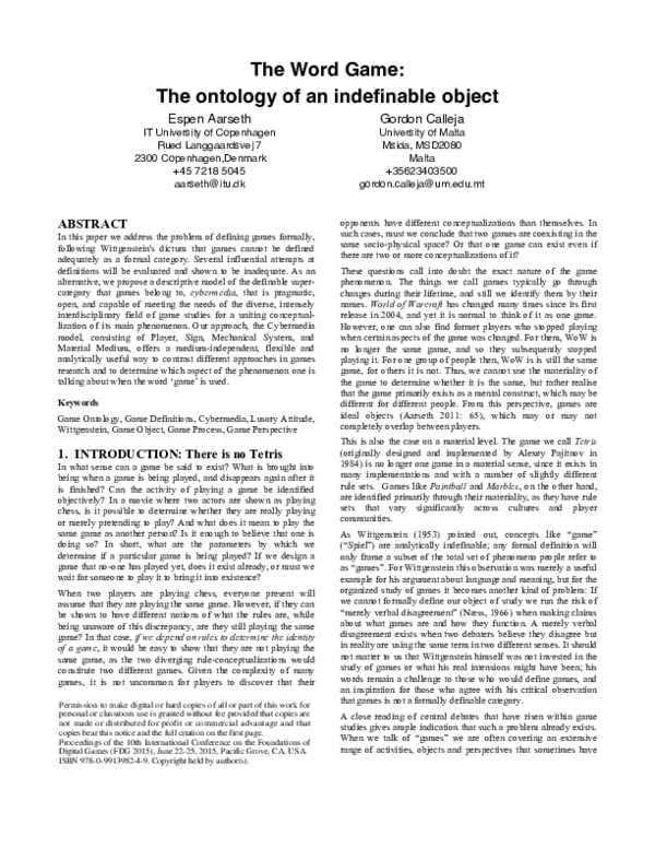 (PDF) The Word Game: The ontology of an undefinable object