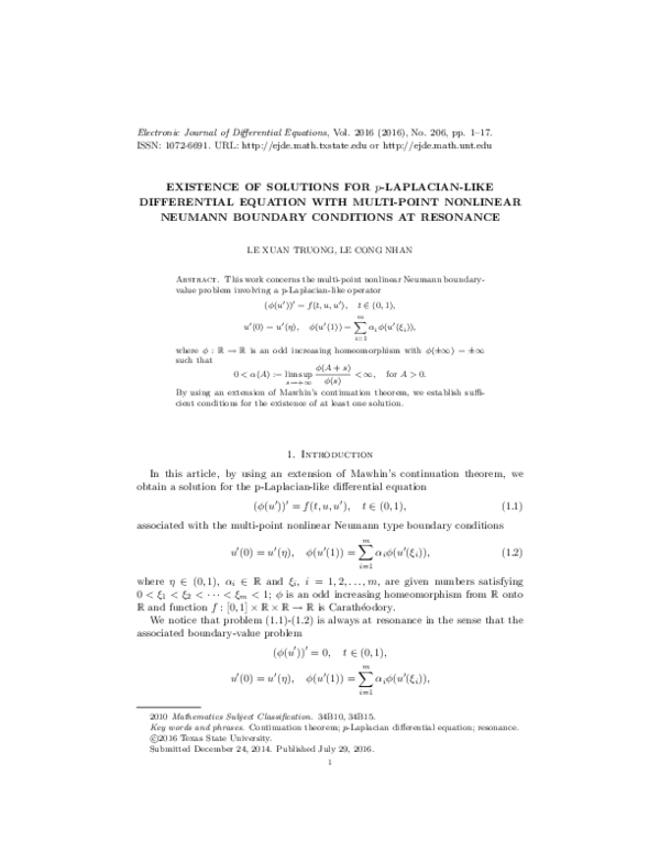 (PDF) EXISTENCE OF SOLUTIONS FOR p-LAPLACIAN-LIKE DIFFERENTIAL EQUATION WITH MULTI-POINT ...