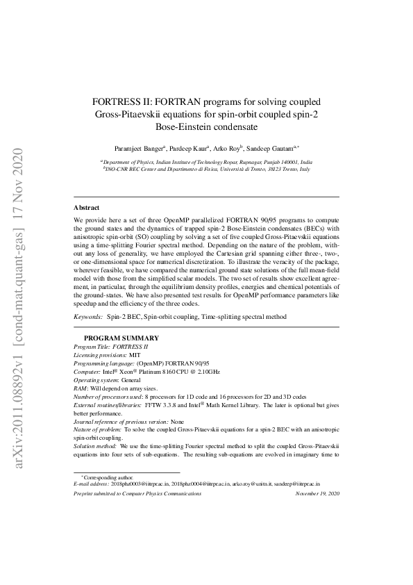 (PDF) FORTRESS II: FORTRAN programs for solving coupled Gross-Pitaevskii equations for spin ...