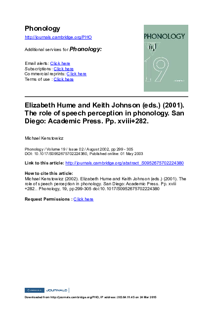 (PDF) Elizabeth Hume and Keith Johnson (eds.) (2001). The role of ...