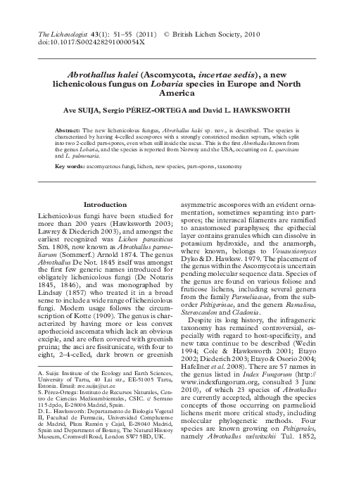 (PDF) Abrothallus halei (Ascomycota, incertae sedis), a new ...