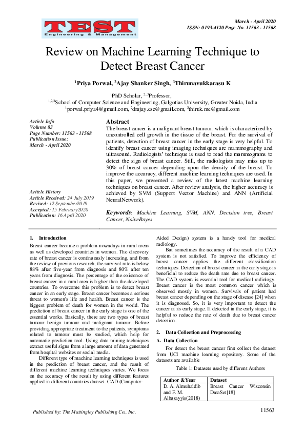 (PDF) Review on Machine Learning Technique to Detect Breast Cancer