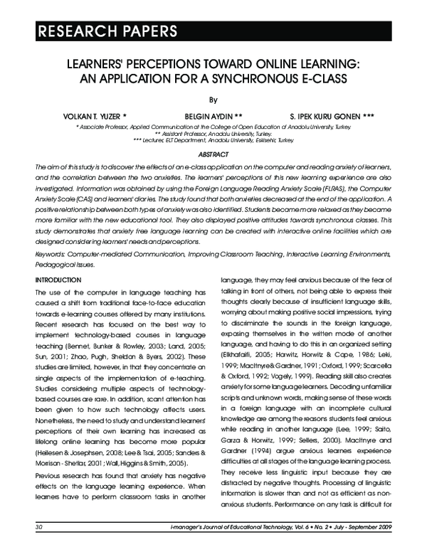 (PDF) Learners' Perceptions Toward Online Learning: An Application For A Synchronous E-Class