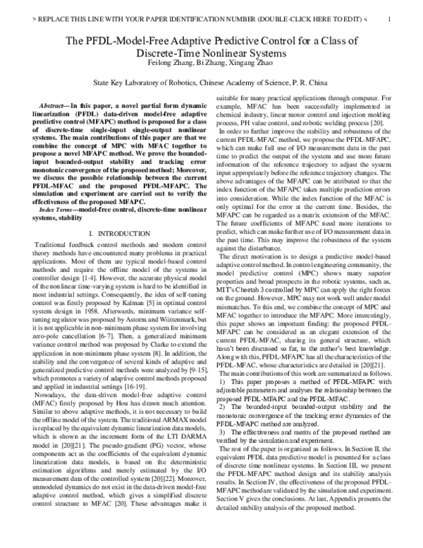 (PDF) The PFDL-Model-Free Adaptive Predictive Control for a Class of Discrete-Time Nonlinear Systems