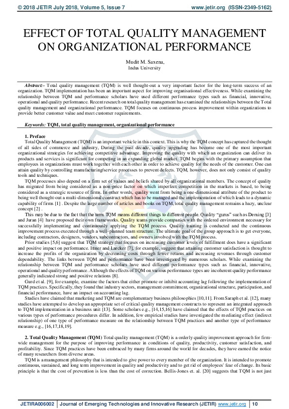 (PDF) Effect of Total Quality Management on Organizational Performance