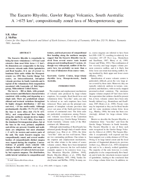 (PDF) The Eucarro Rhyolite, Gawler Range Volcanics, South Australia: A ...