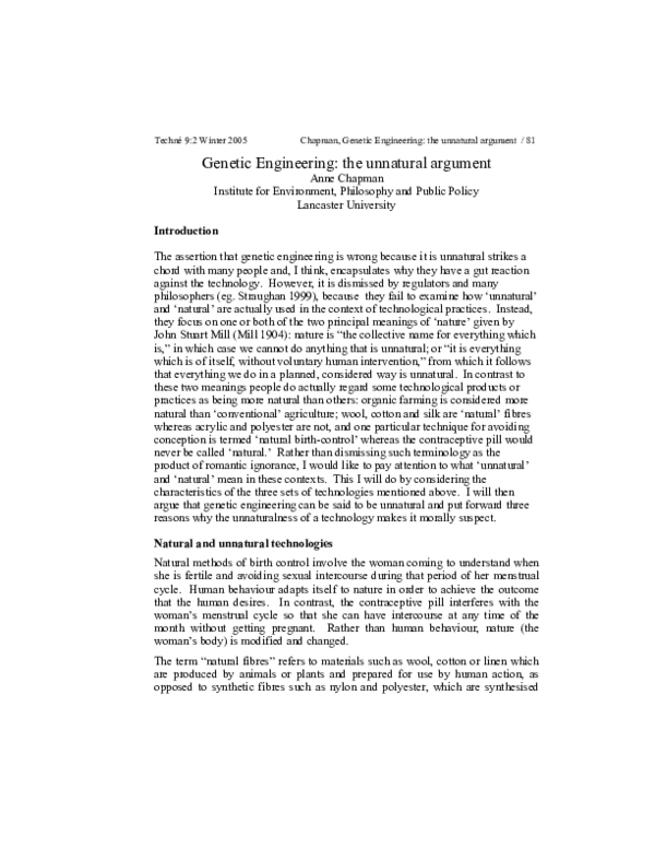 (PDF) Genetic Engineering: the unnatural argument