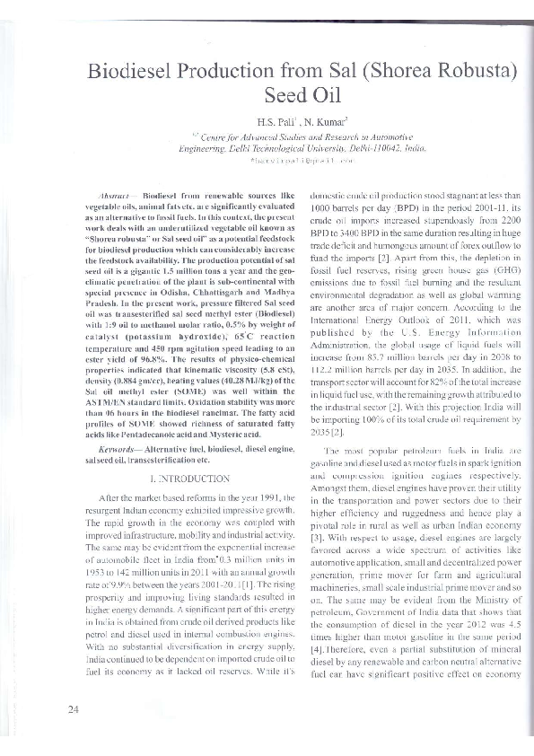 (PDF) Biodiesal Production From Sal (Shorea Robusta) Seed Oil