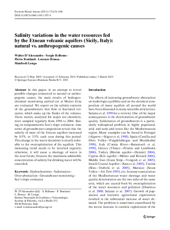 (PDF) Salinity variations in the water resources fed by the Etnean ...