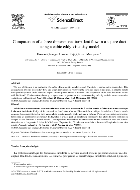 (PDF) Computation of a three-dimensional turbulent flow in a square ...