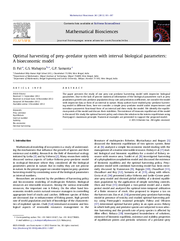 (PDF) Optimal harvesting of prey–predator system with interval biological parameters: A ...