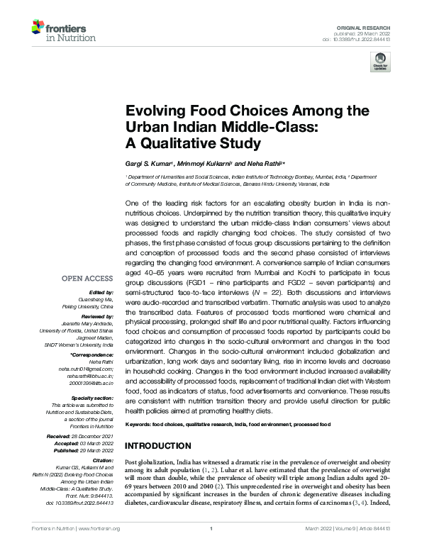 (PDF) Evolving Food Choices Among the Urban Indian Middle-Class: A ...
